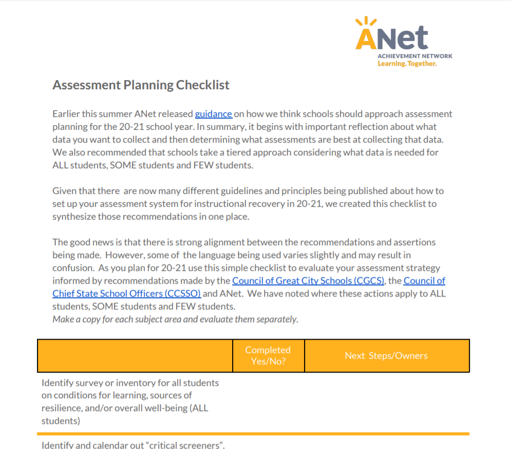 ANet releases assessment planning checklist